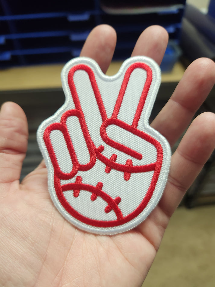 Red Peace Baseball Fingers Iron-On PATCH - Texas Transfers and Designs