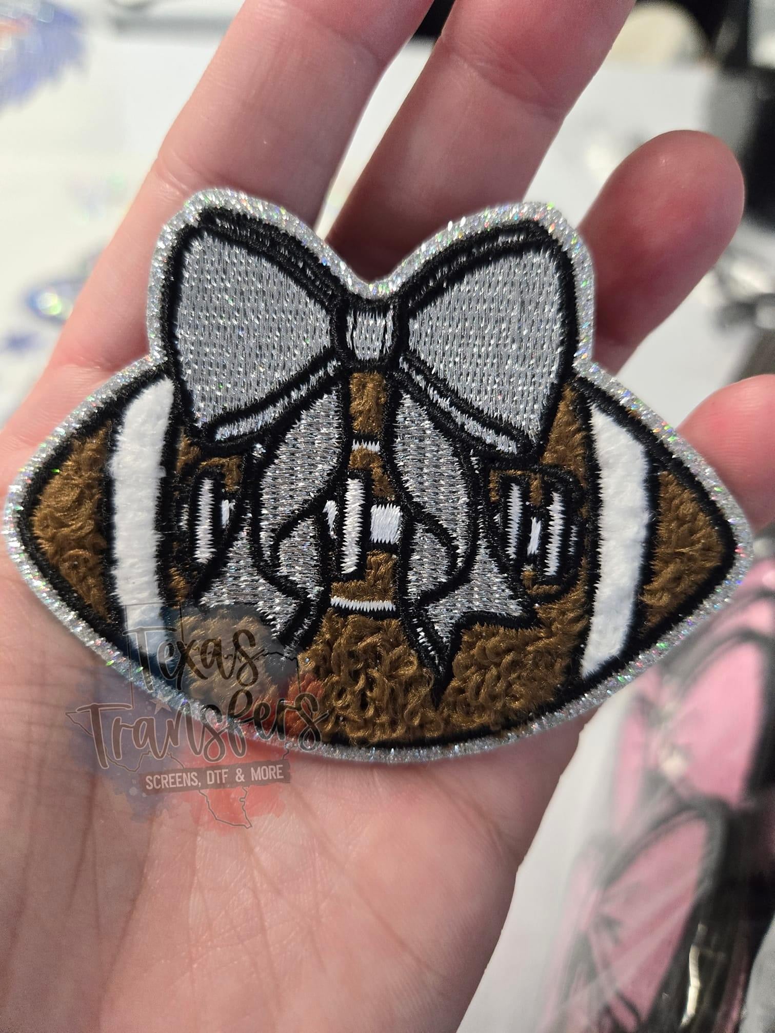Football Bow (Silver) Iron-On PATCH - Texas Transfers and Designs