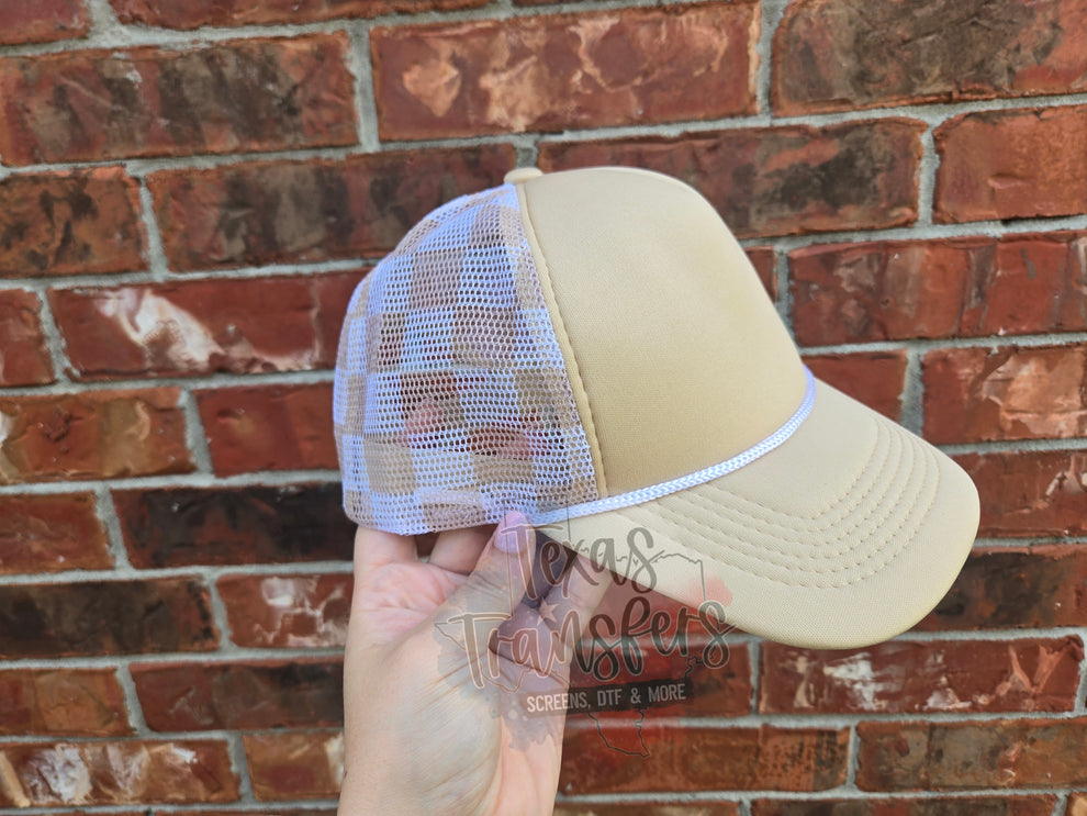 Tan Checker Trucker Hat - Texas Transfers and Designs