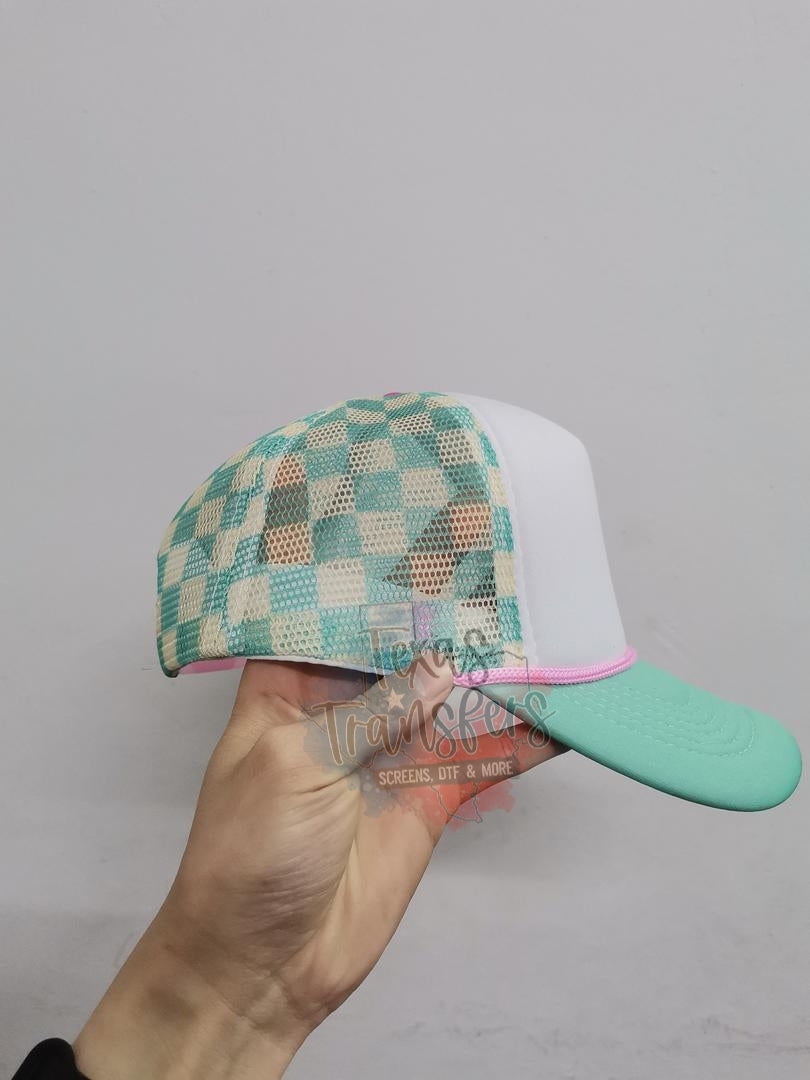 Mint/Tan Checker Trucker Hat - Texas Transfers and Designs