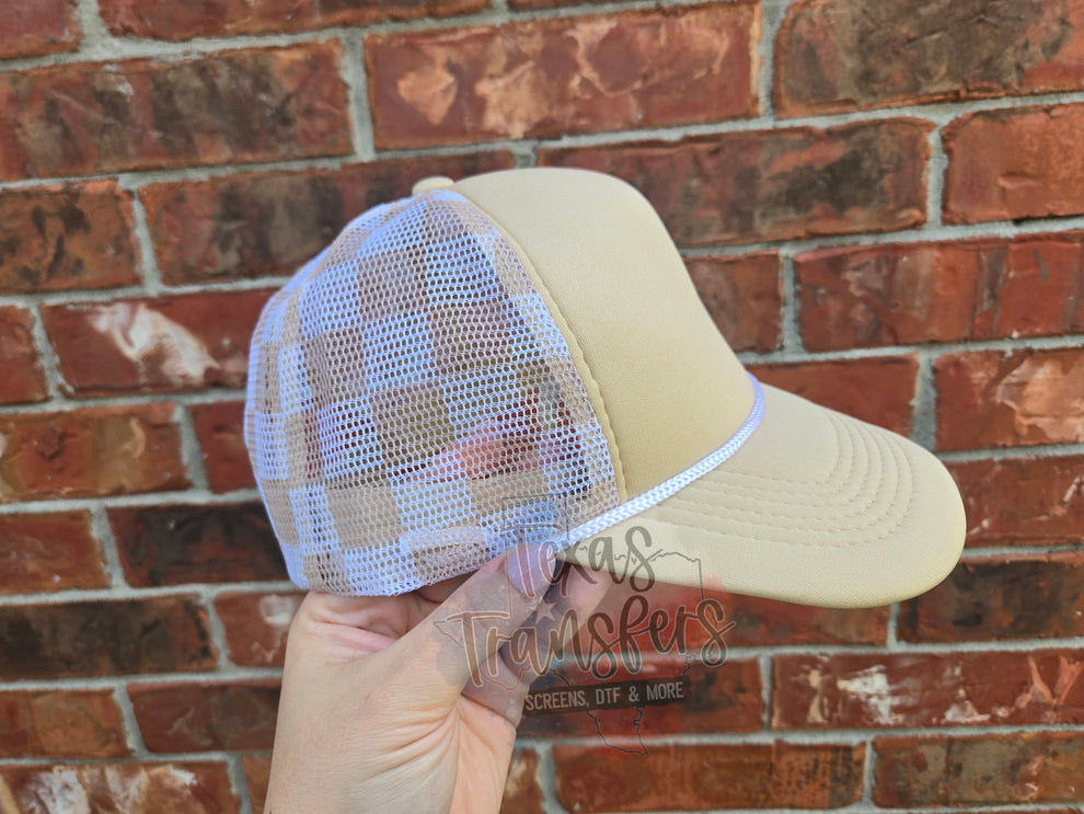 Tan Checker Trucker Hat - Texas Transfers and Designs